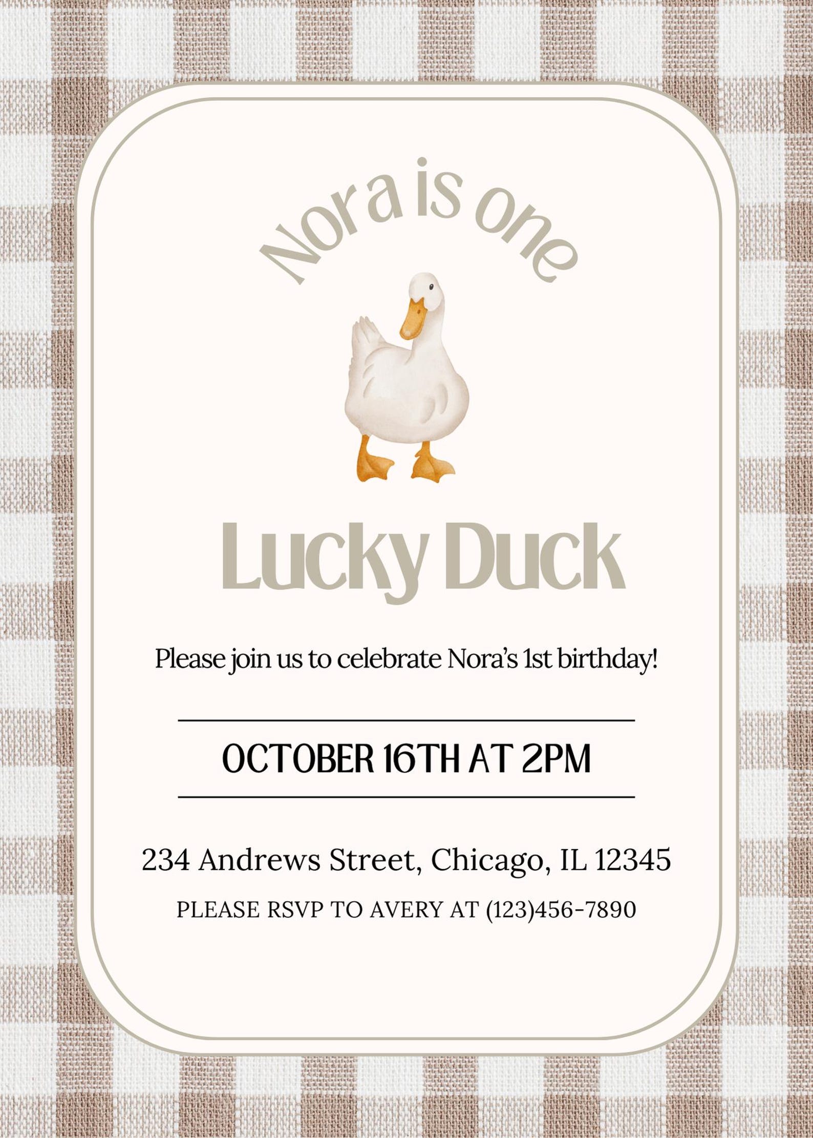 One Lucky Duck Birthday Invitation, Duck Birthday, Duck Party, Vintage ...