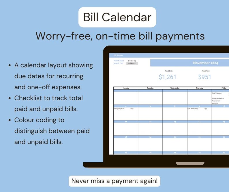 Bill Calendar | Simple Budget Planner & Monthly Organizer | Track ...