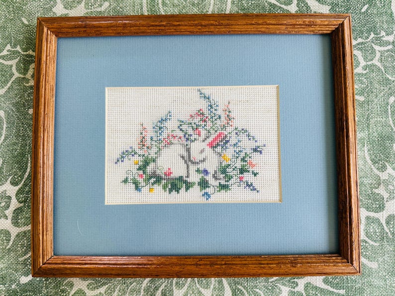 Vintage Framed Bunny Cross Stitch - Cottage Core - Etsy