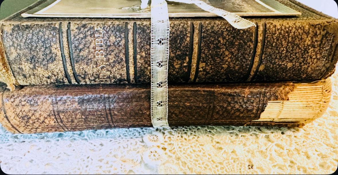 2 Very Old Tattered Bible Stack With Antique Photo, Rosary Cross and ...