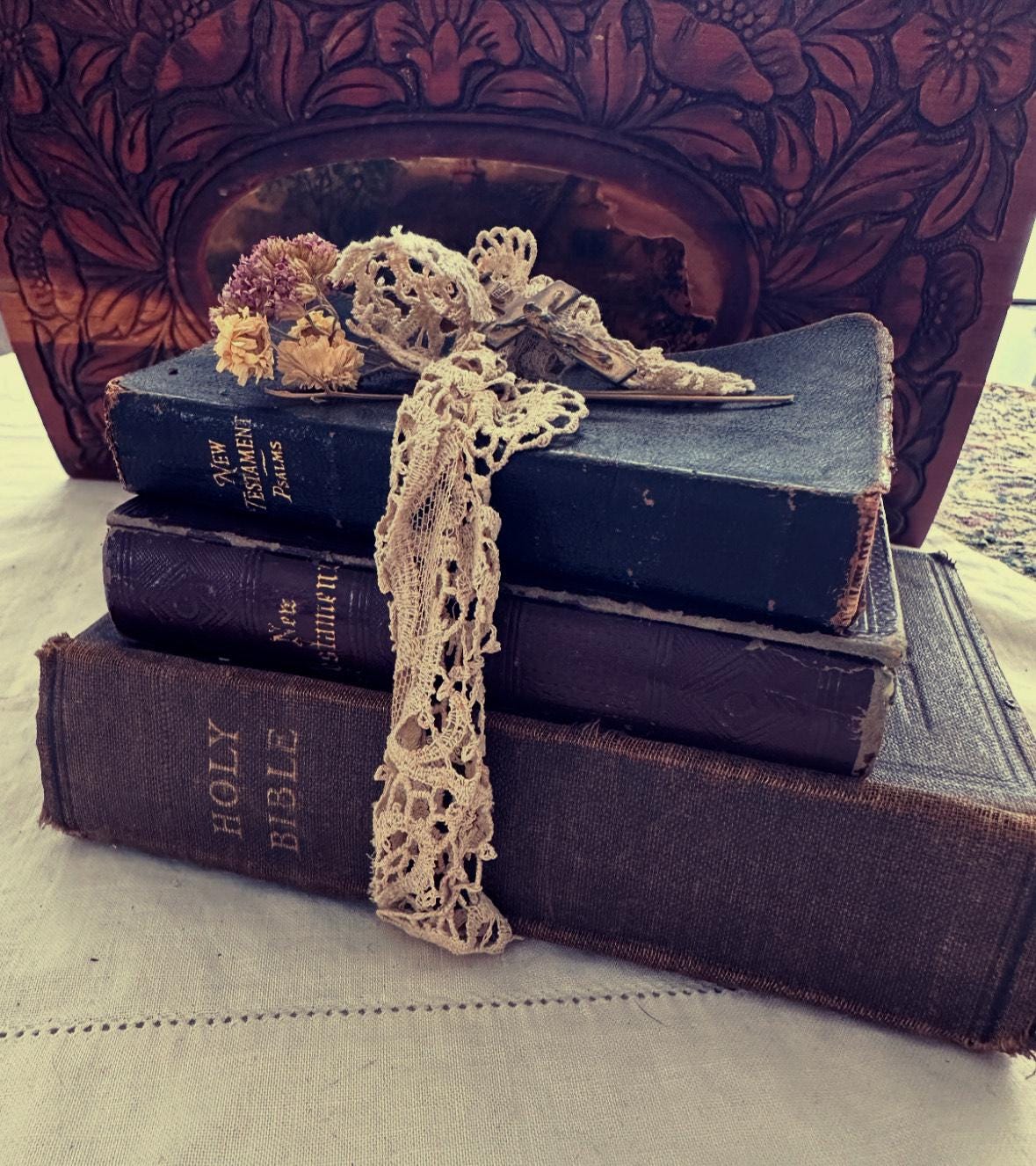 Stack of Three Small Antique Bibles-rustic and Very Old With Antique ...