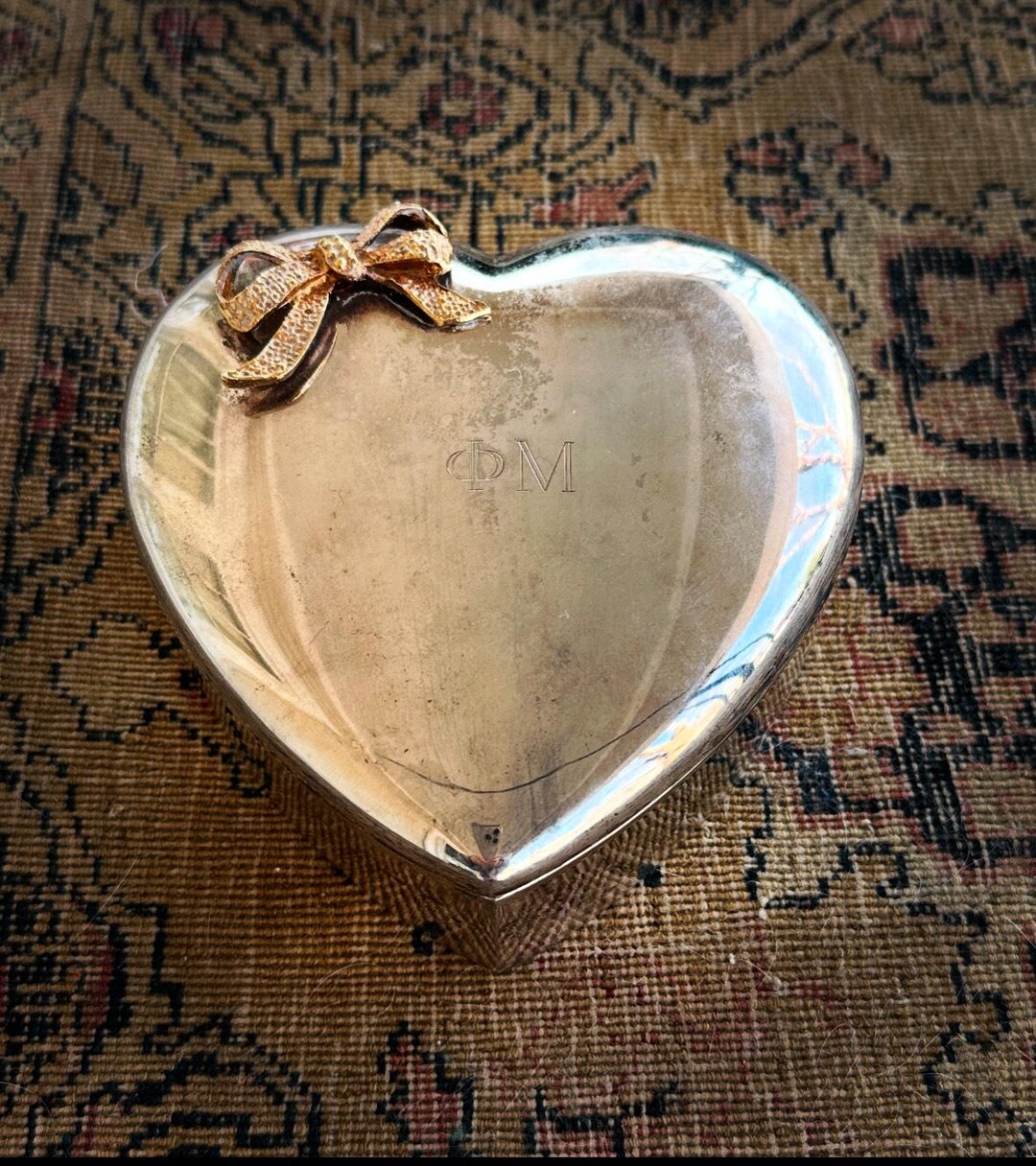 Vintage Silver Tone Metal Heart Jewelry Box Engraved With Phi Mu Greek ...