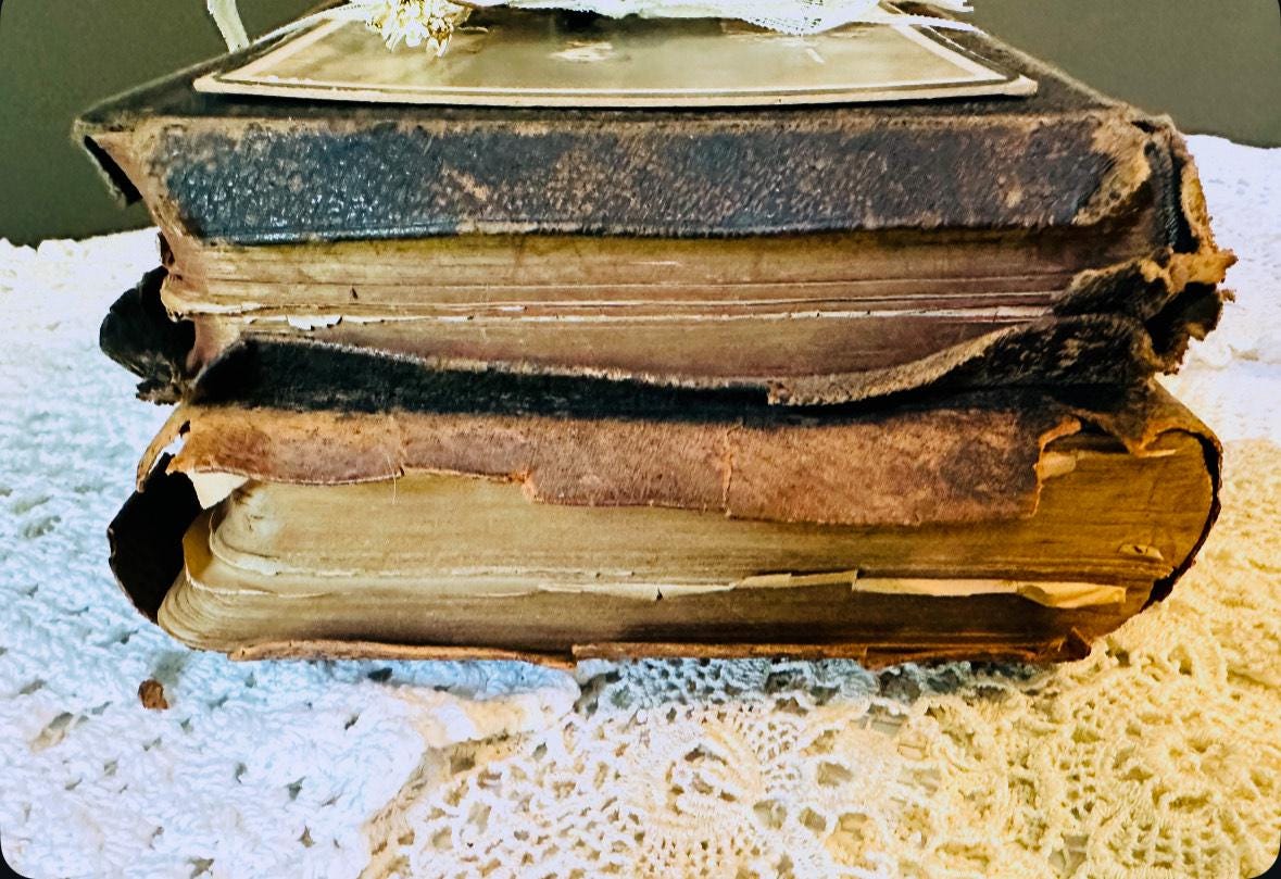 2 Very Old Tattered Bible Stack With Antique Photo, Rosary Cross and ...