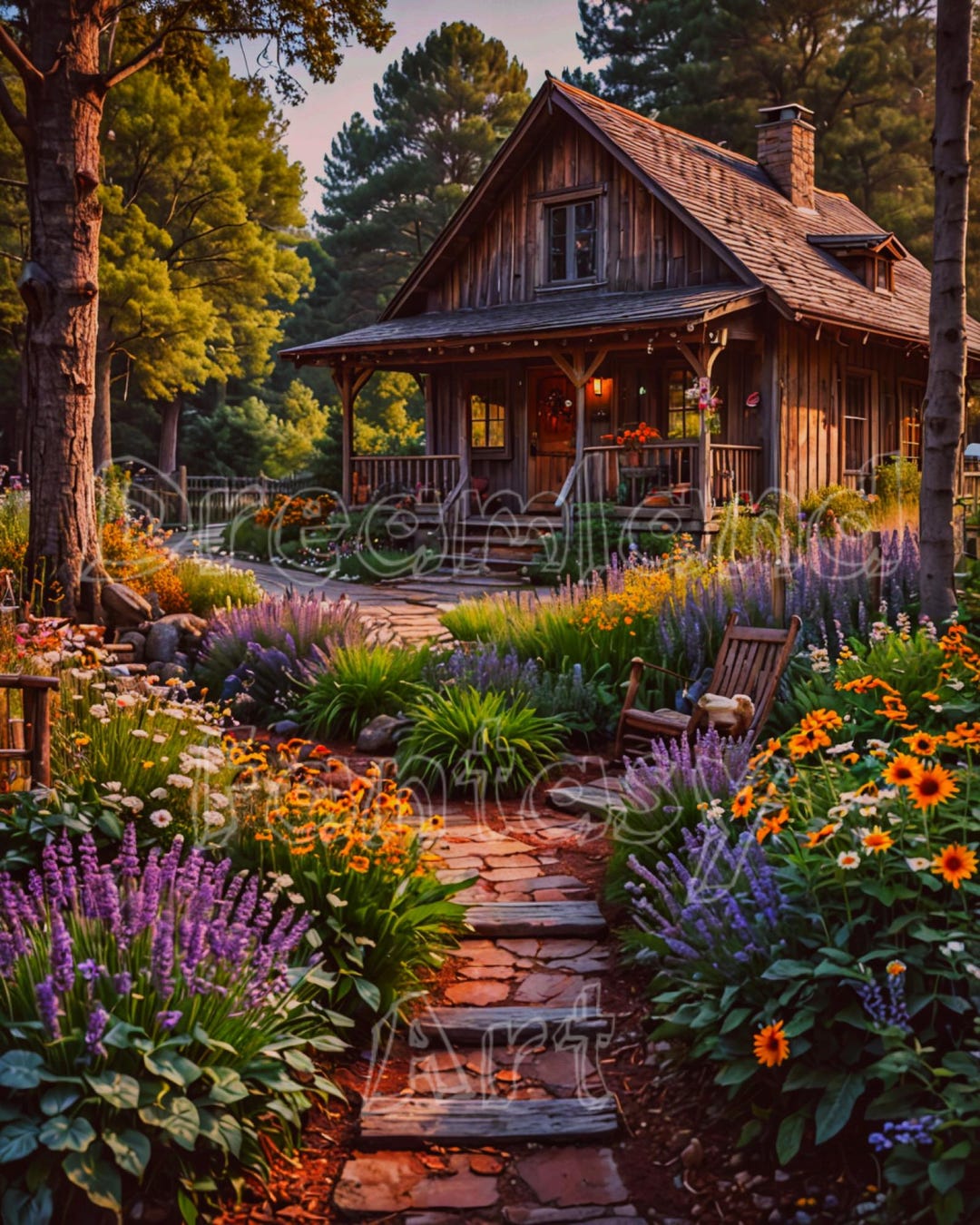 Rustic Cottage Wall Art | Wooden Cabin in Wildflowers | Country ...