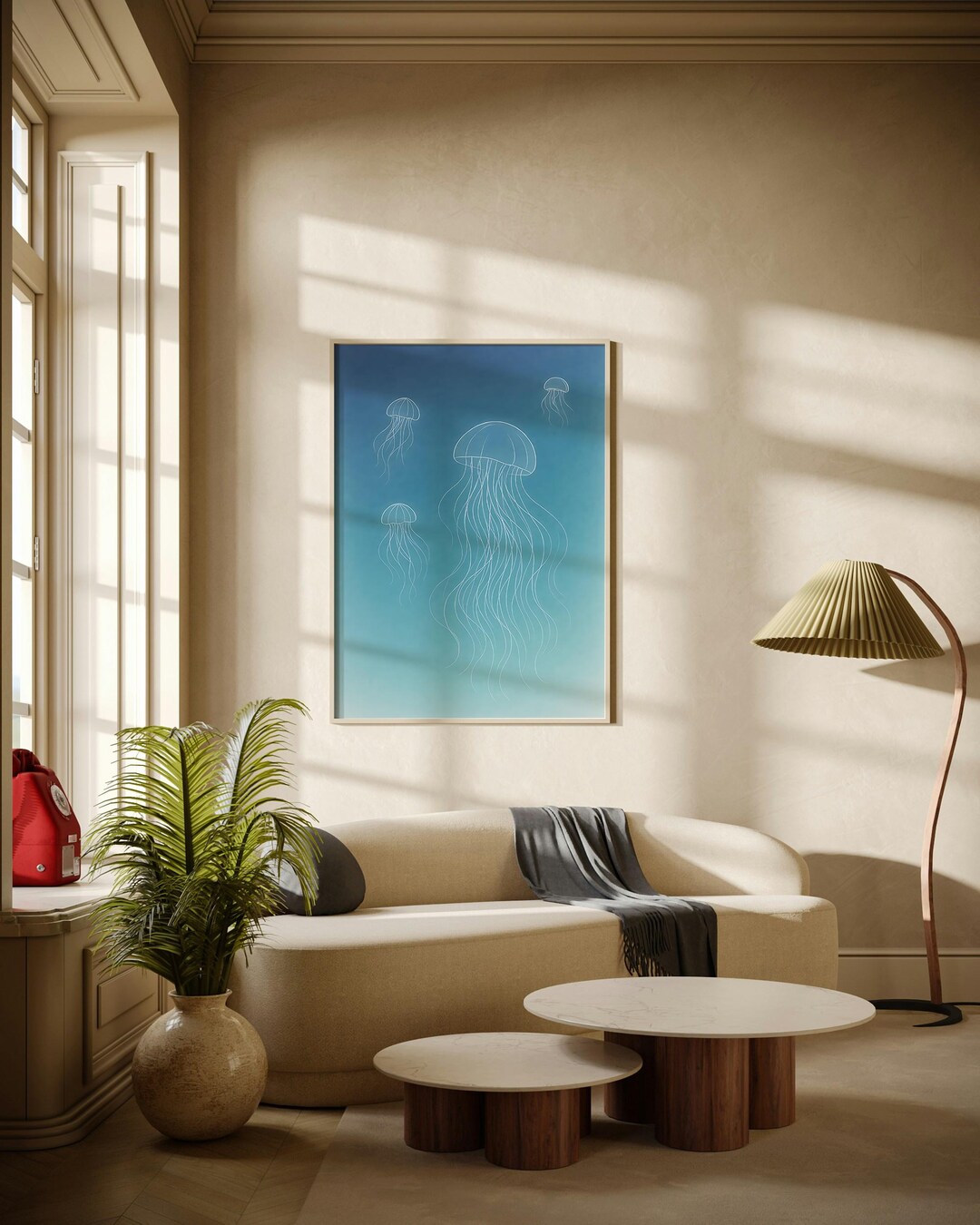 Jellyfish Line Art Poster Ocean Wall Print Indigo Turquoise Gradient ...