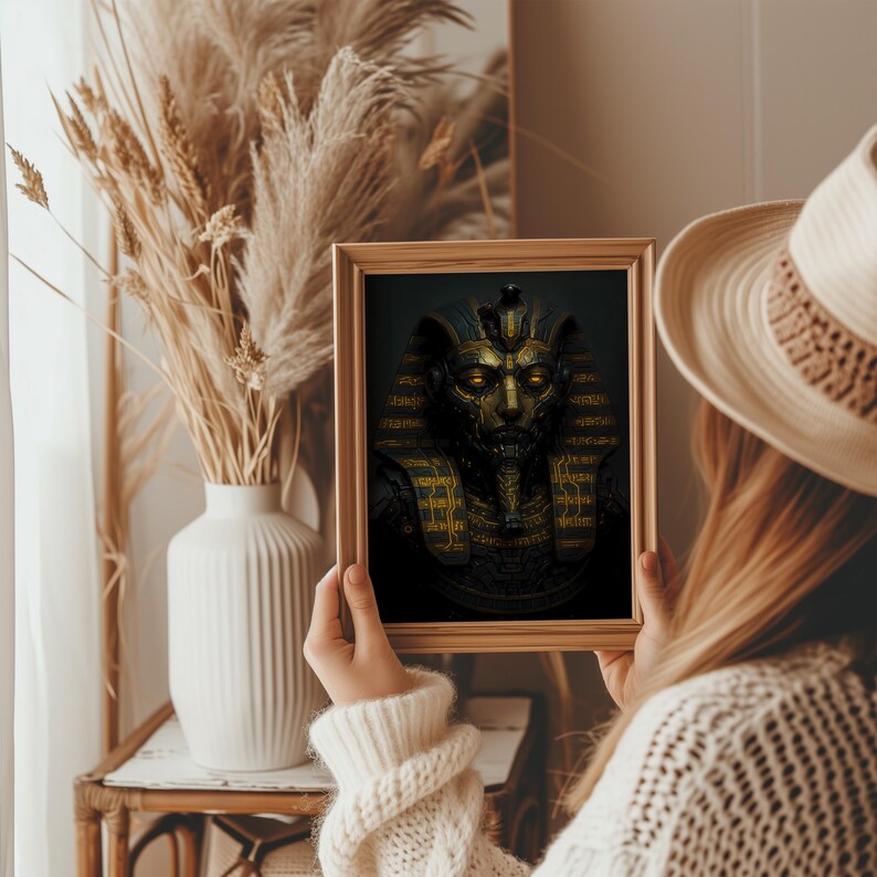 Futuristic Pharaoh Poster Ancient Egyptian Robot Mask Wall Art Glowing ...