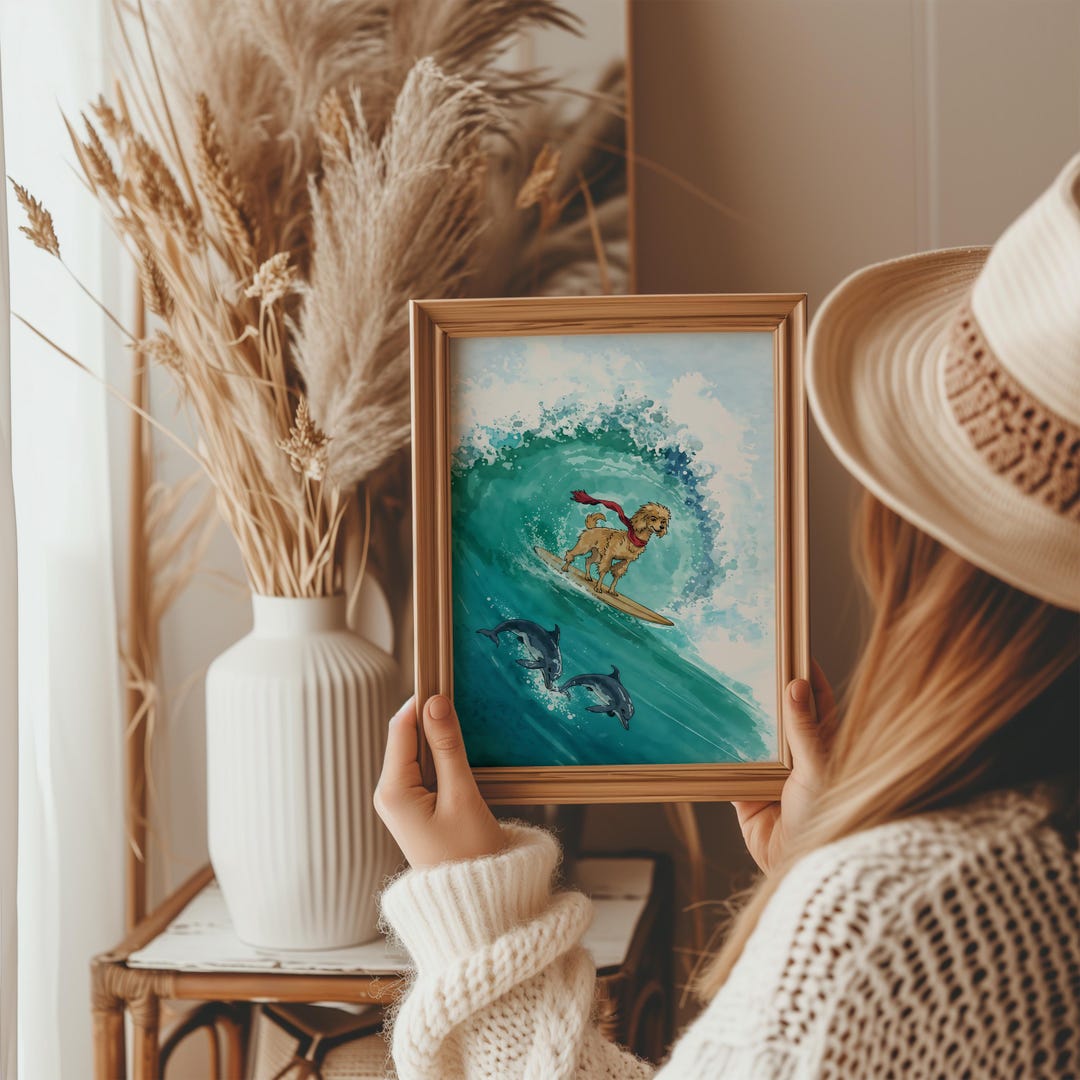 Surfing Poodle Wall Art – Funny Dog on Surfboard Ocean Print, Playful ...