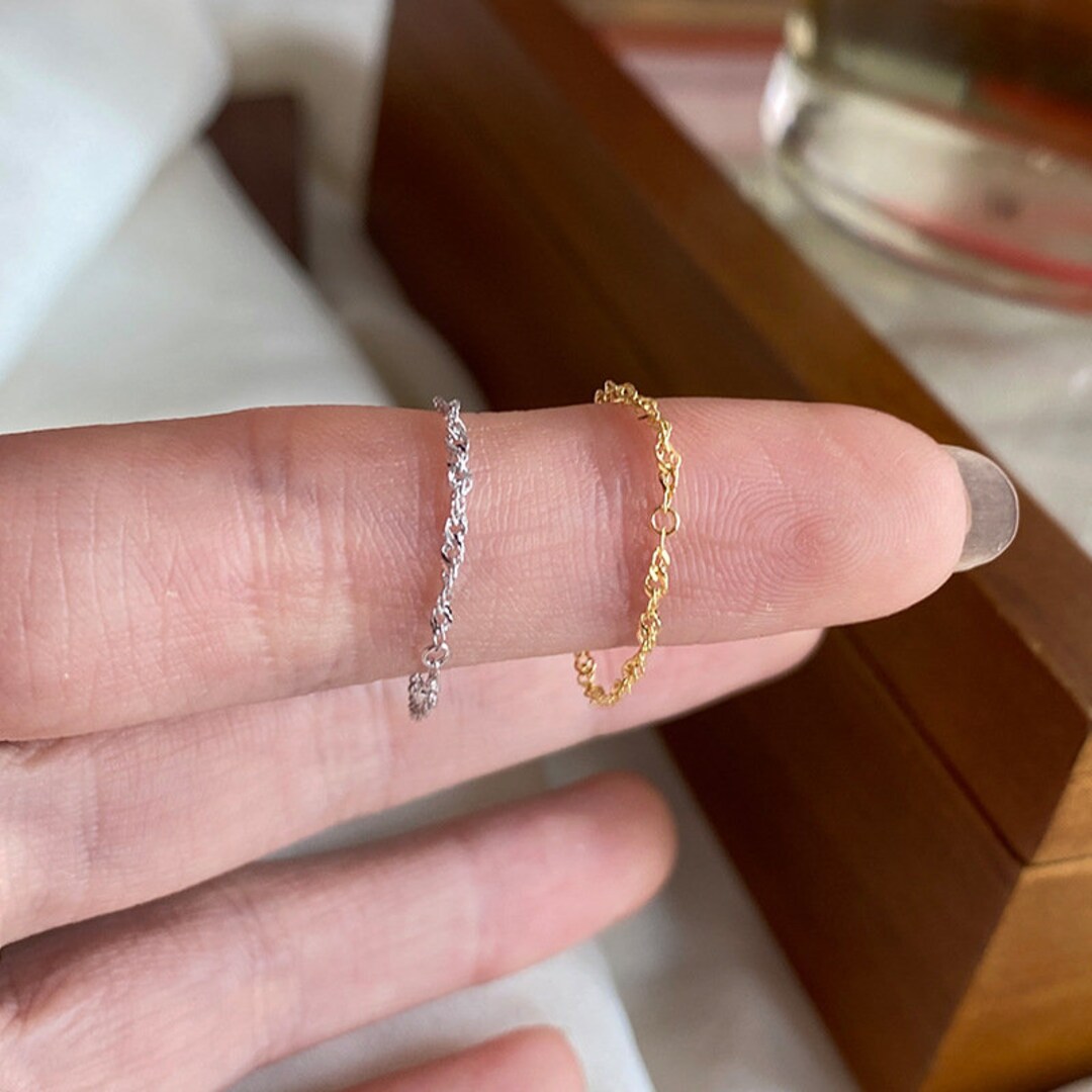 Dainty Gold Double Chain Ring, Minimalist Stacking Ring, Permanent ...