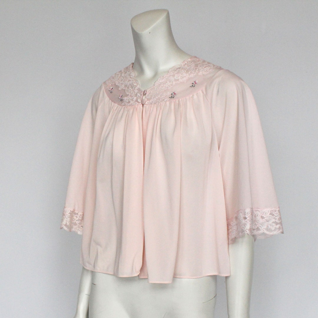 Pink Nylon Bed Jacket With Lace and Rosebuds / Shadowline / Short ...