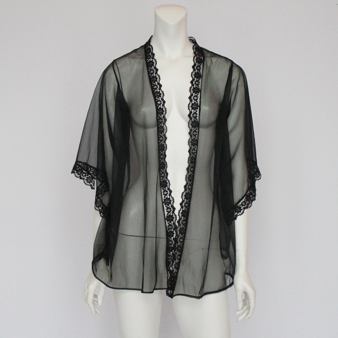 70s Short Sheer Black Wrap Peignoir / Pandora / Vintage Lingerie ...