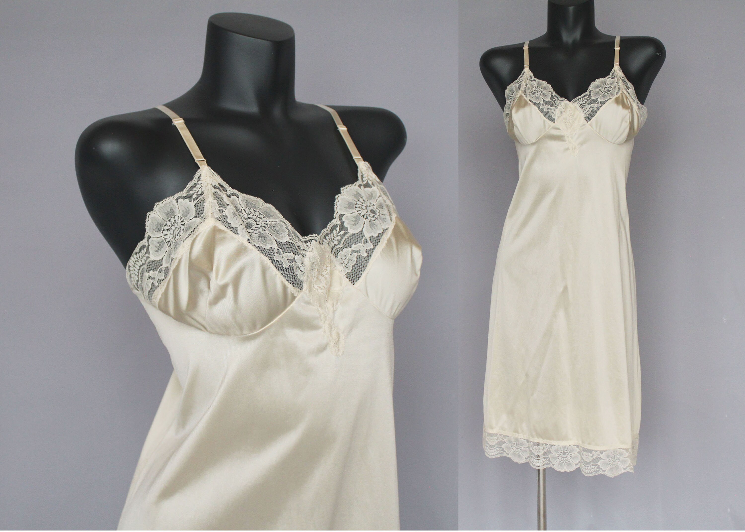 70's Beige Full Slip With Lace Neckline and Hem / Kayser / Short Slip ...