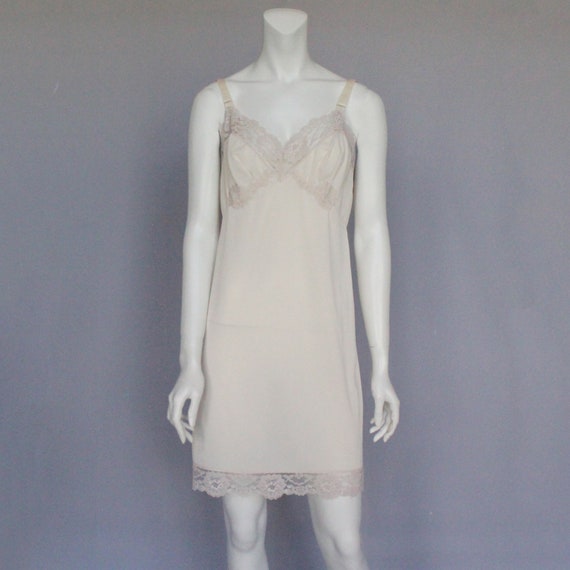 60's Sears Roebuck Full Slip with Lace Trim / Beige N… - Gem