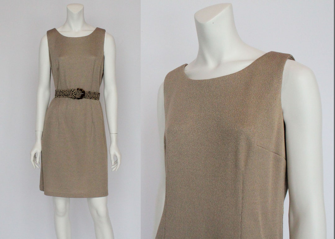 90's Tan Knit Dress With Metallic Gold / Vintage Sleeveless Sheath ...