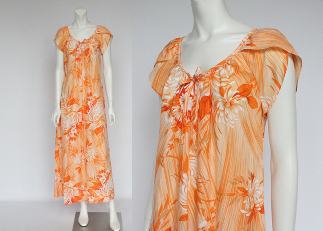 Orange Floral Hawaiian Mu Mu Dress by Hilo Hattie / Long Maxi Dress ...