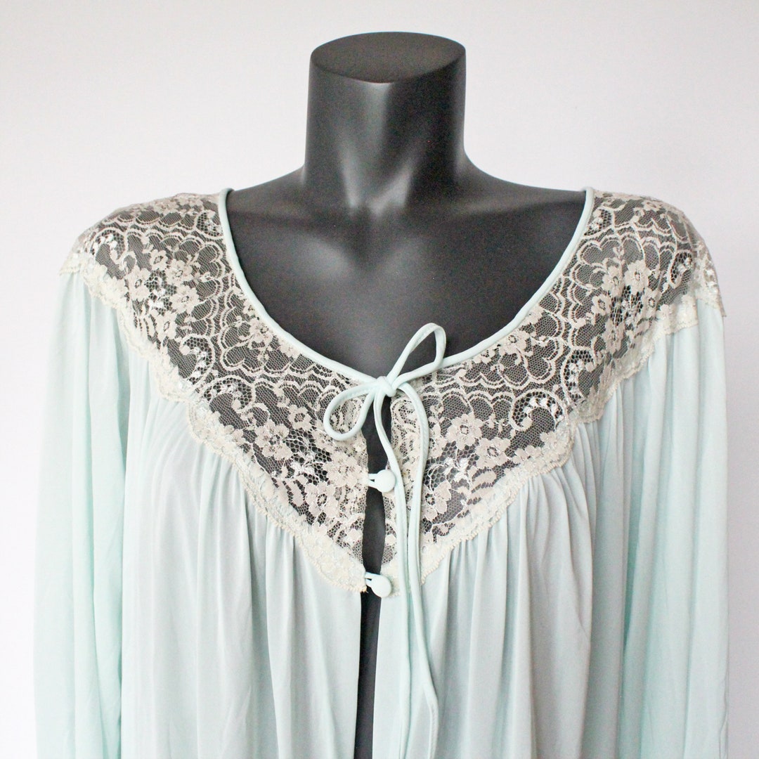 80's NWT Long Light Blue Nylon Robe / Miss Elaine / Lace Bodice / Open ...