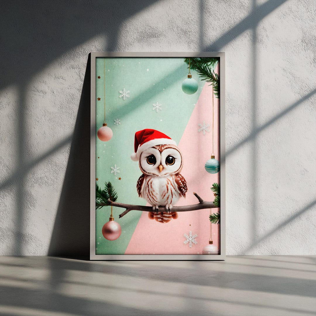 Printable Christmas Owl Art, Baby Owl in Santa Hat, Cozy Holiday Wall ...