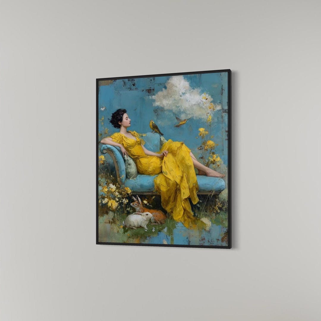Birds Rabbits Coach Flowers Yellow Woman Art Print: Whimsical Library ...