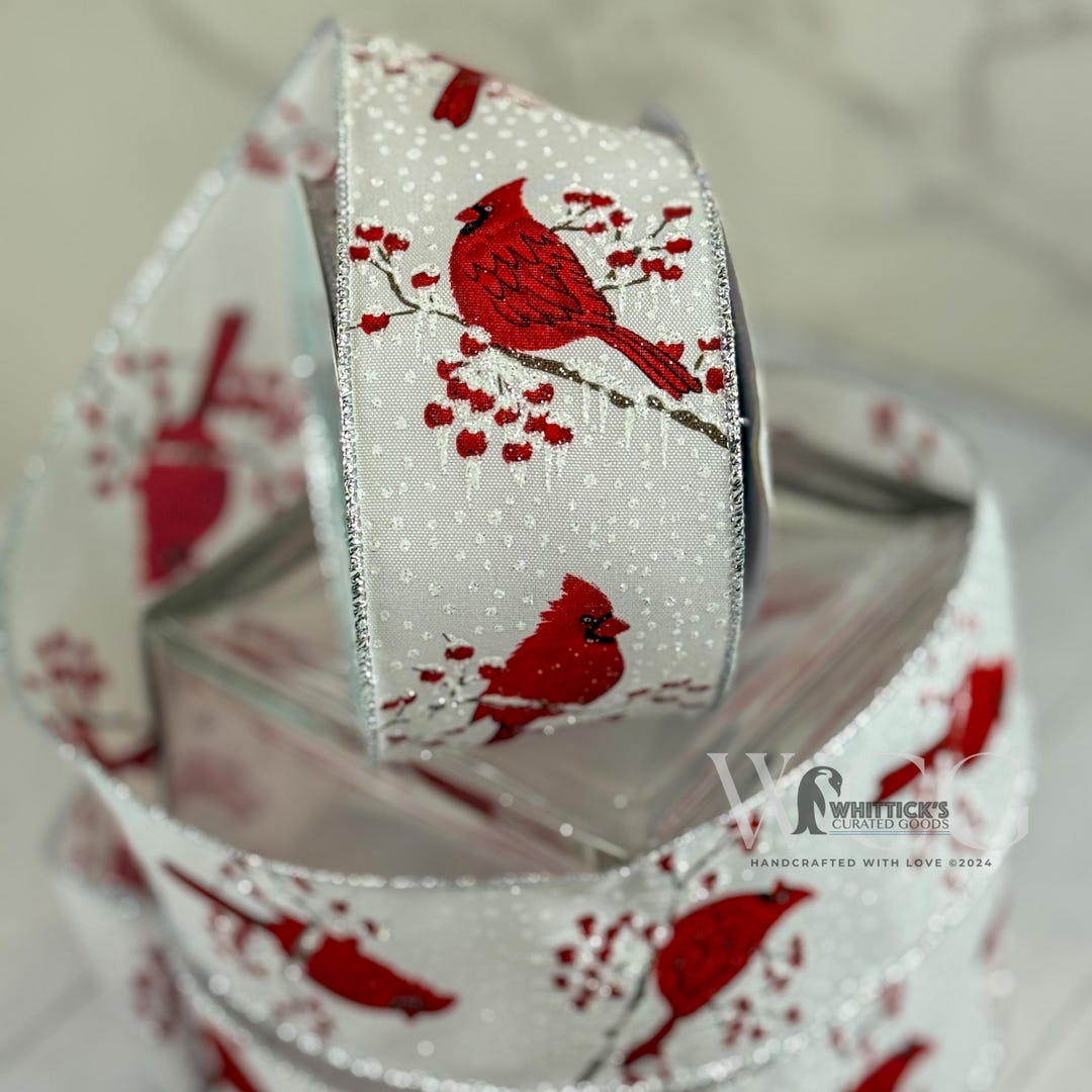 Cardinal Christmas Ribbon - Wired White Ribbon With Red Berries ...