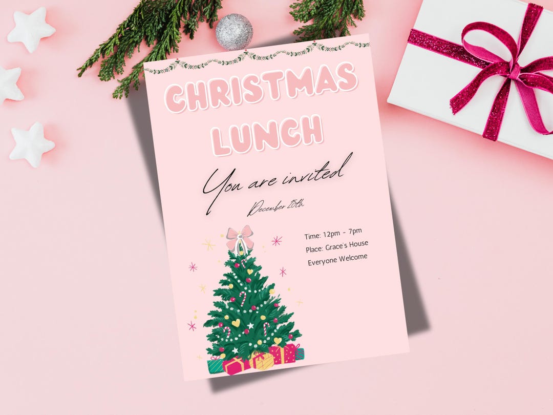 Editable Pink Christmas Lunch Invitation Template, Canva Template ...