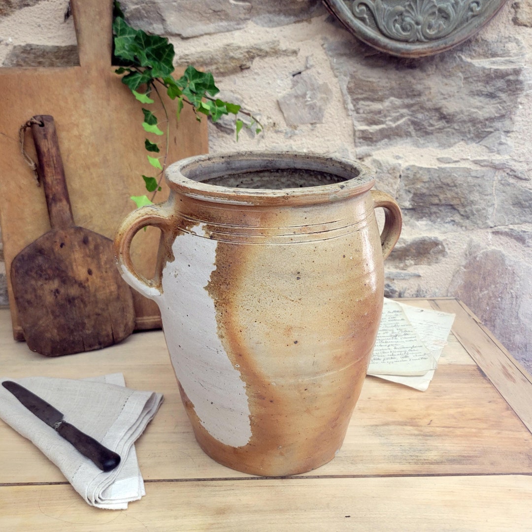 Large Antique Semi-glazed Confit Jar With Two Handles, 19th Century French Rustic Stoneware Pot ...