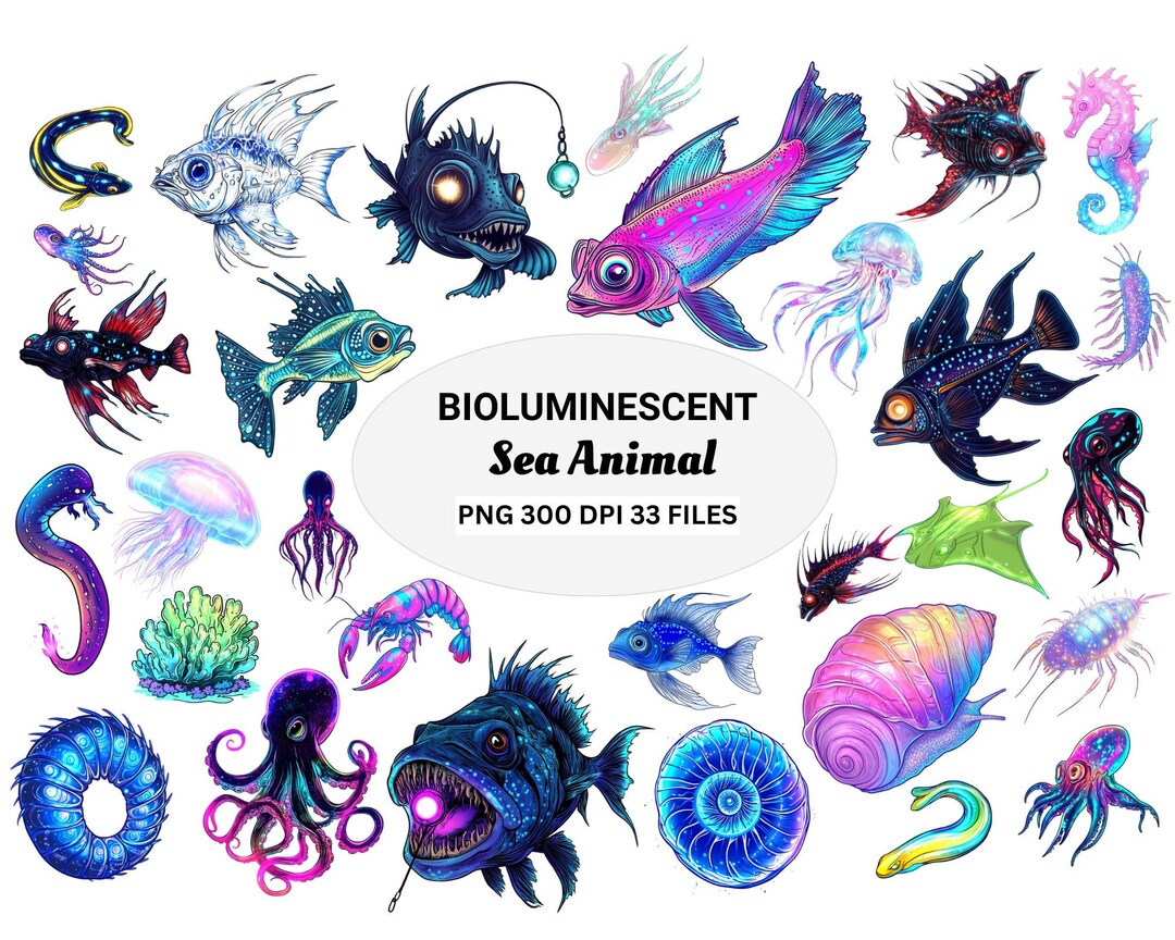 Bioluminescent Sea Animal Cliparts: Glowing Ocean Creatures (33 PNG) - Etsy