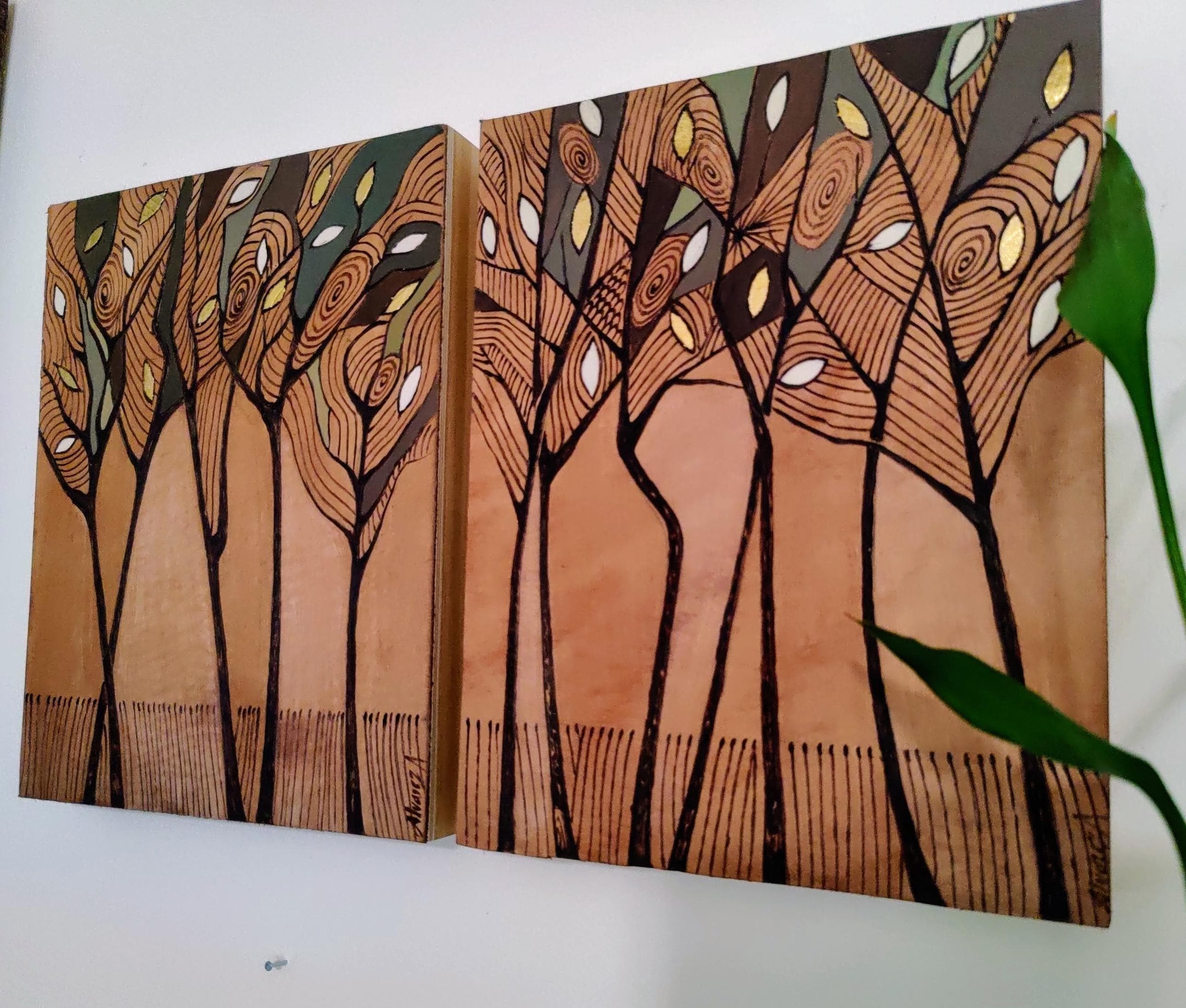 Burned Leather Wall Art Set-textured Earth Forest Landscape-western ...