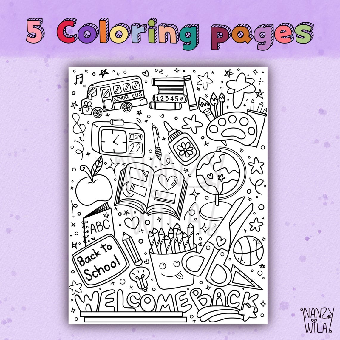 Back to School: Coloring Pages for Adults and Kids 5 Pages Simple Art ...