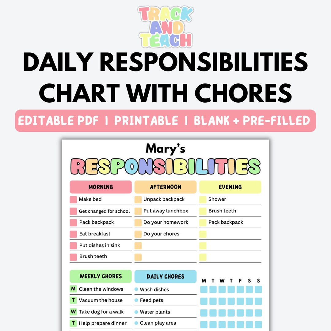 Daily Responsibilities Chores Chart for Kids Daily Weekly Schedule ...