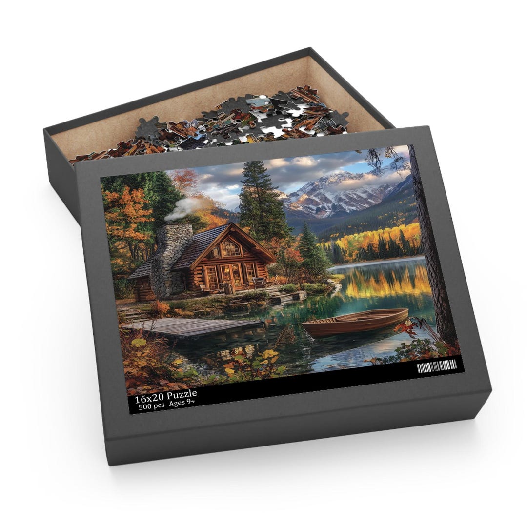 Cozy Lakeside Cabin Puzzle, Jigsaw Puzzle, Scenic Mountain Lake Art ...