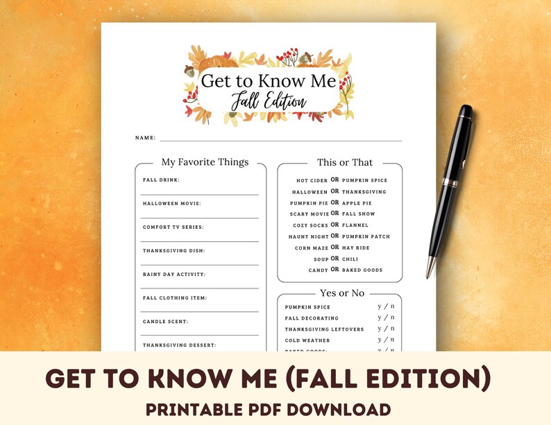 Fall-themed Get to Know Me Printable | Perfect for Employees, Teachers ...