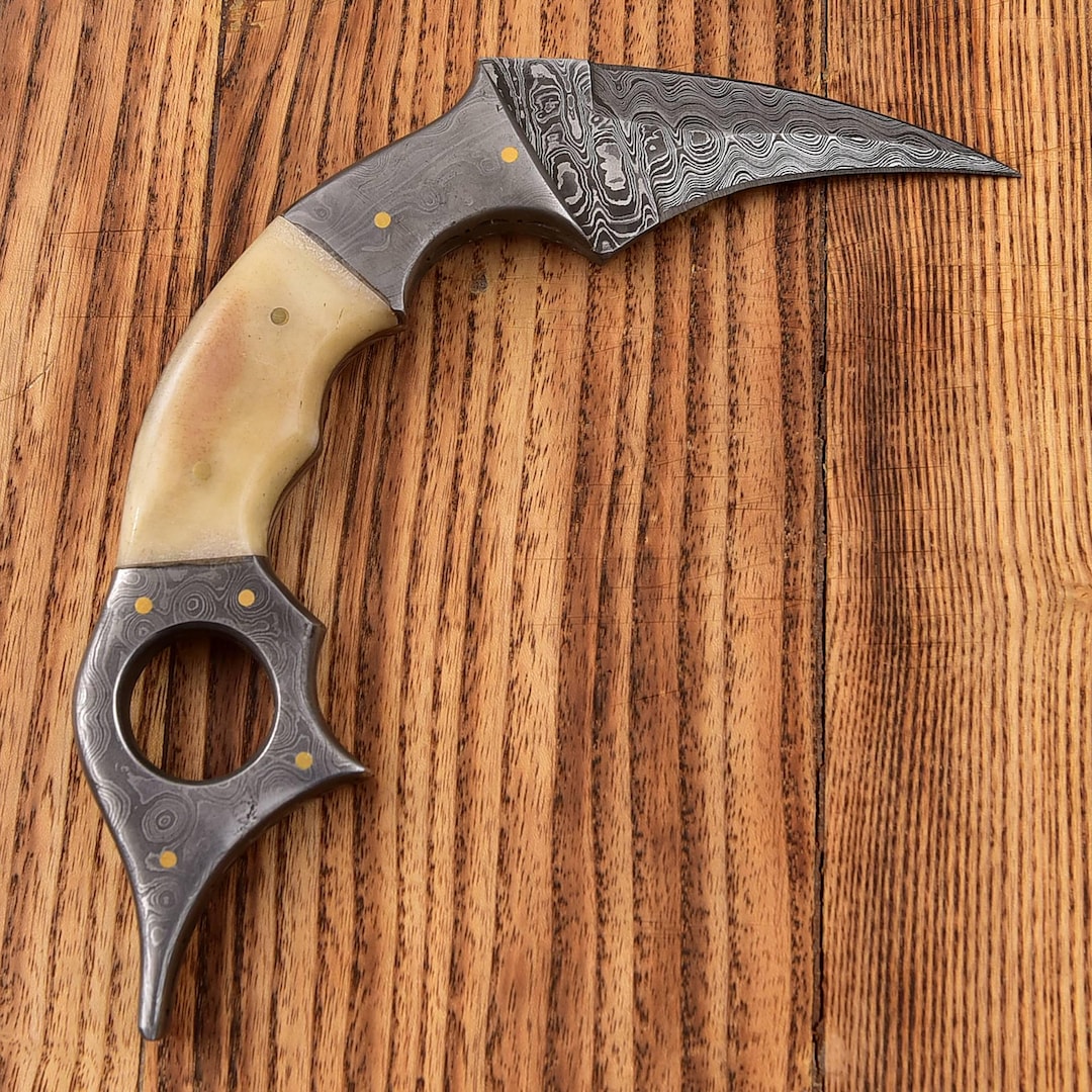 Handmade Damascus Steel Karambit With Bone Handle & Leather Cover ...
