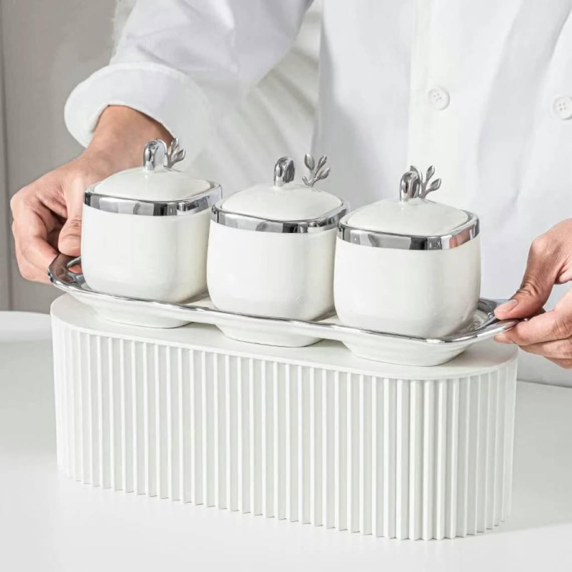 Elegant Ceramic Spice Jar Set With Tray | Modern Condiment Holder ...