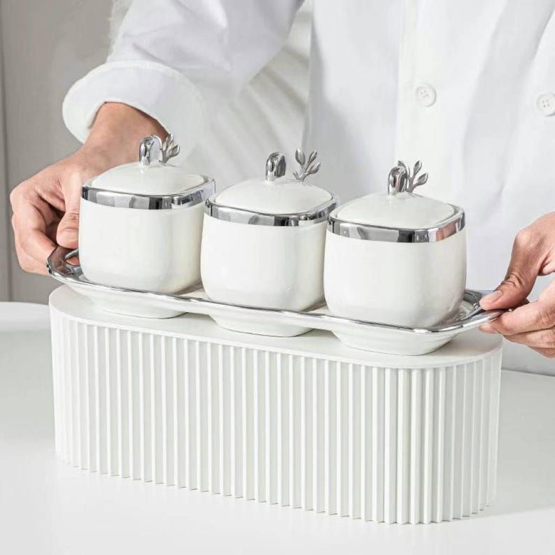 Elegant Ceramic Spice Jar Set With Tray | Modern Condiment Holder ...
