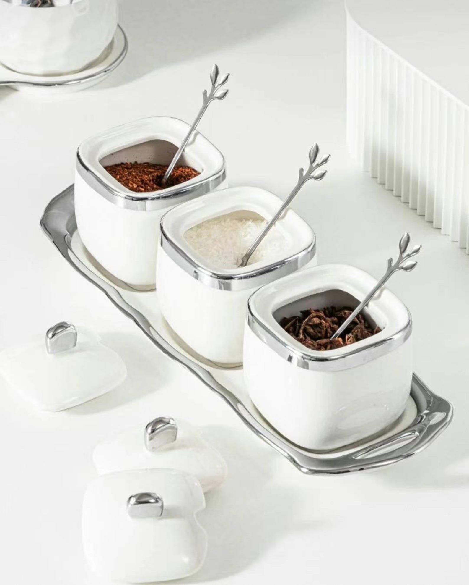 Elegant Ceramic Spice Jar Set With Tray | Modern Condiment Holder ...
