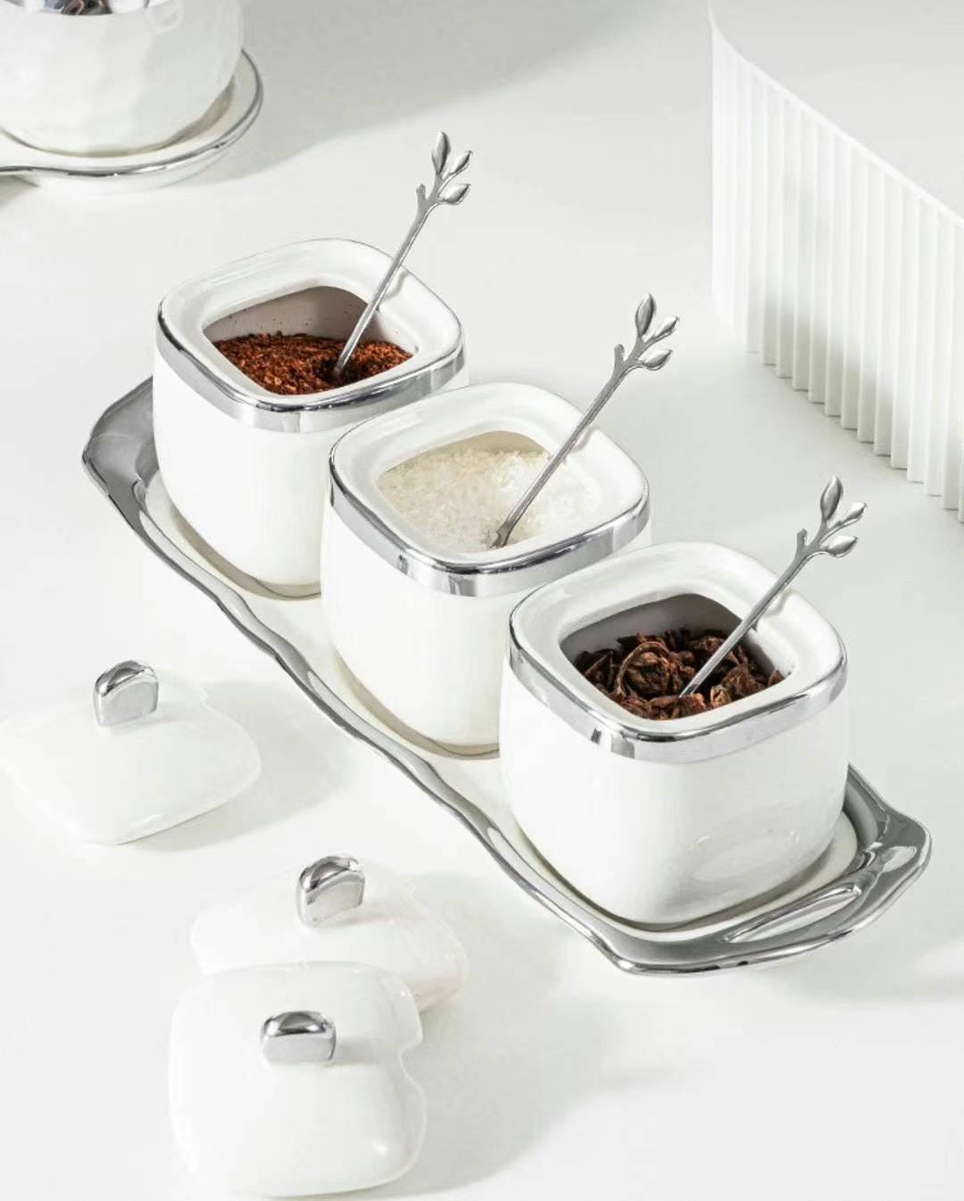 Elegant Ceramic Spice Jar Set With Tray | Modern Condiment Holder ...