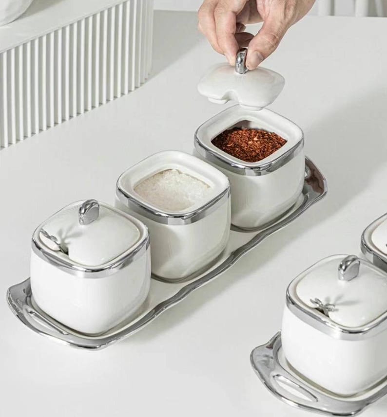 Elegant Ceramic Spice Jar Set With Tray | Modern Condiment Holder ...