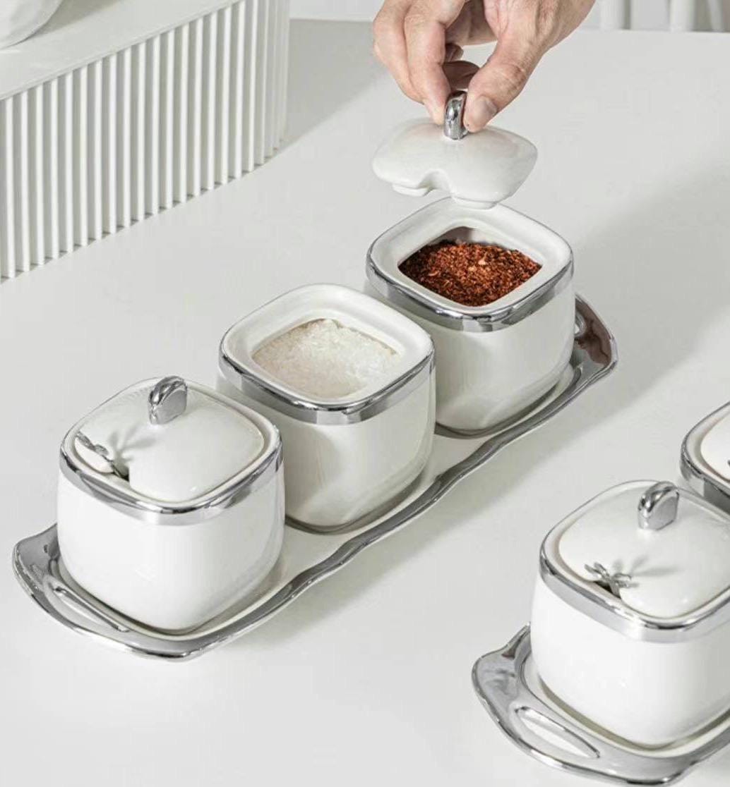 Elegant Ceramic Spice Jar Set With Tray | Modern Condiment Holder ...
