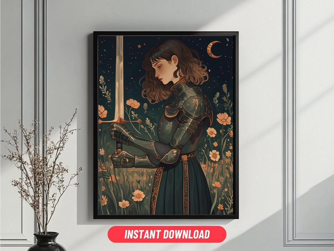 Female Medieval Knight Tapestry Style Art, Field of Flowers, Mythical ...
