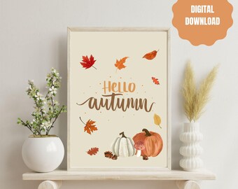 Hello Autumn Print, Fall Printable Wall Art, Orange Autumn Sign, Fall ...