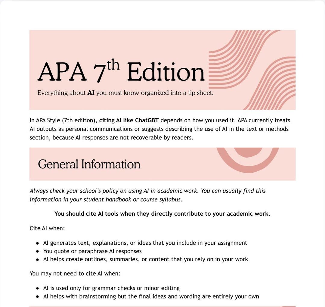 AI Citation APA 7th Edition Cheat Sheet: Printable Academic Guide (PDF ...