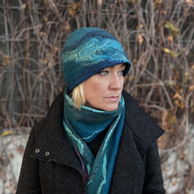 Felted Women's Hat Handmade of Australian Merino Wool in Blue and ...