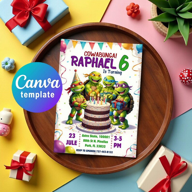 Ninja Turtle Invitation Birthday Party Card Editable Digital Canva ...