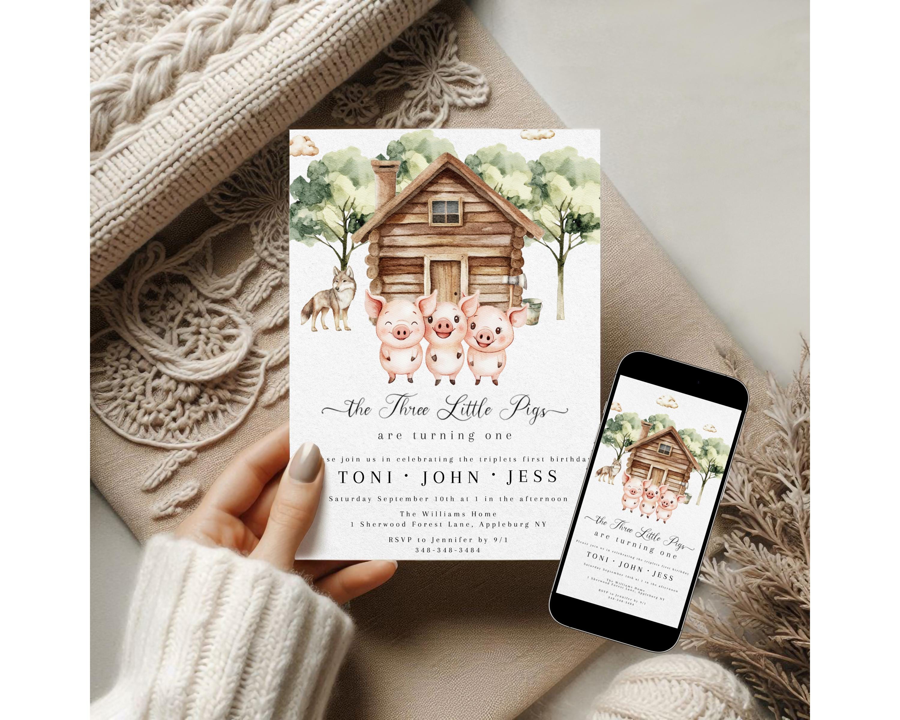 Three Little Pigs Triplet Birthday Party Invitation, Multiples Birthday ...