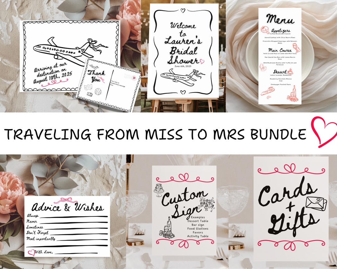 Traveling From Miss to Mrs Bridal Shower Bundle, Handdrawn Shower ...