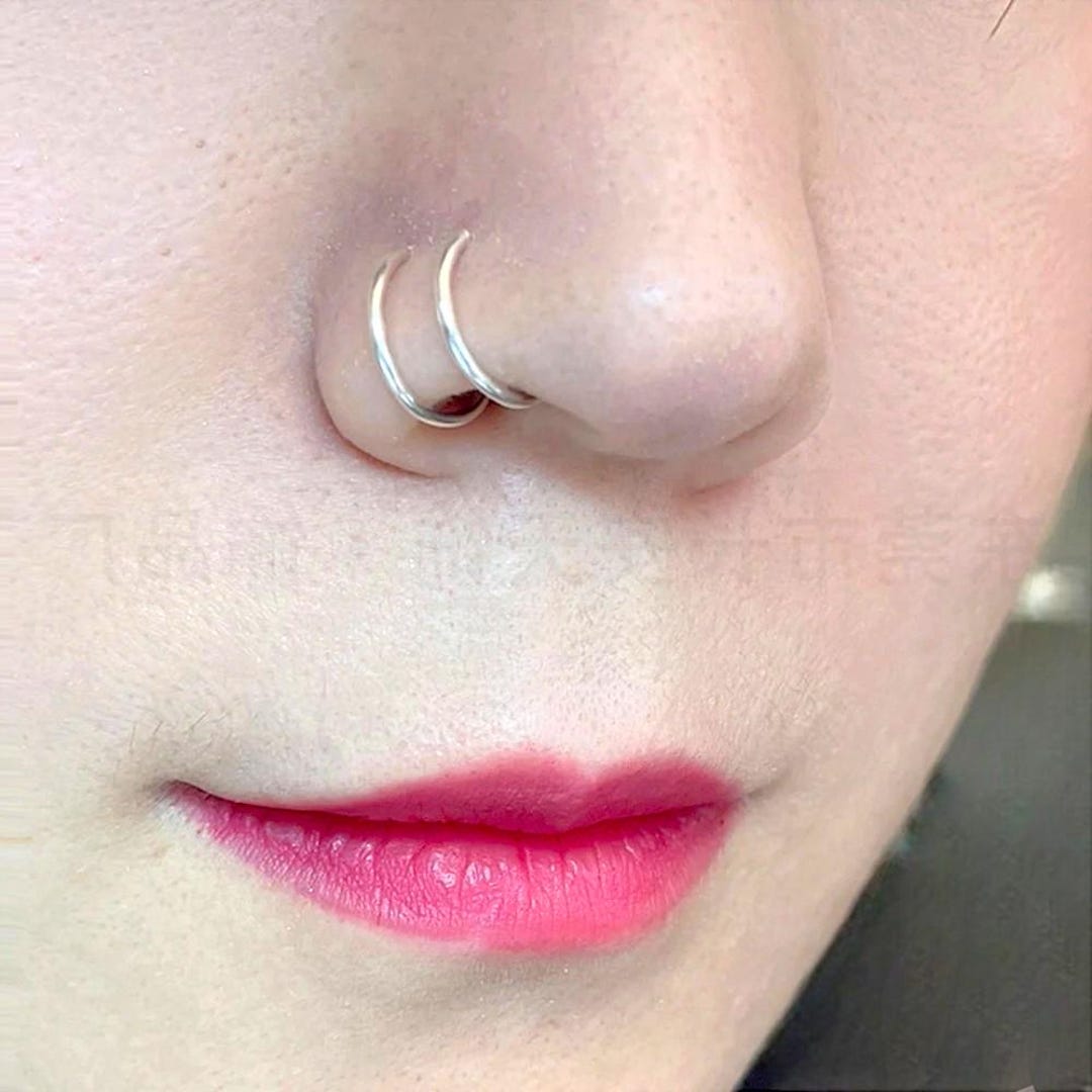 14k Gold Double Loop Nose Stud Pair Nose Ring Hoop Small Huggie Hoops ...