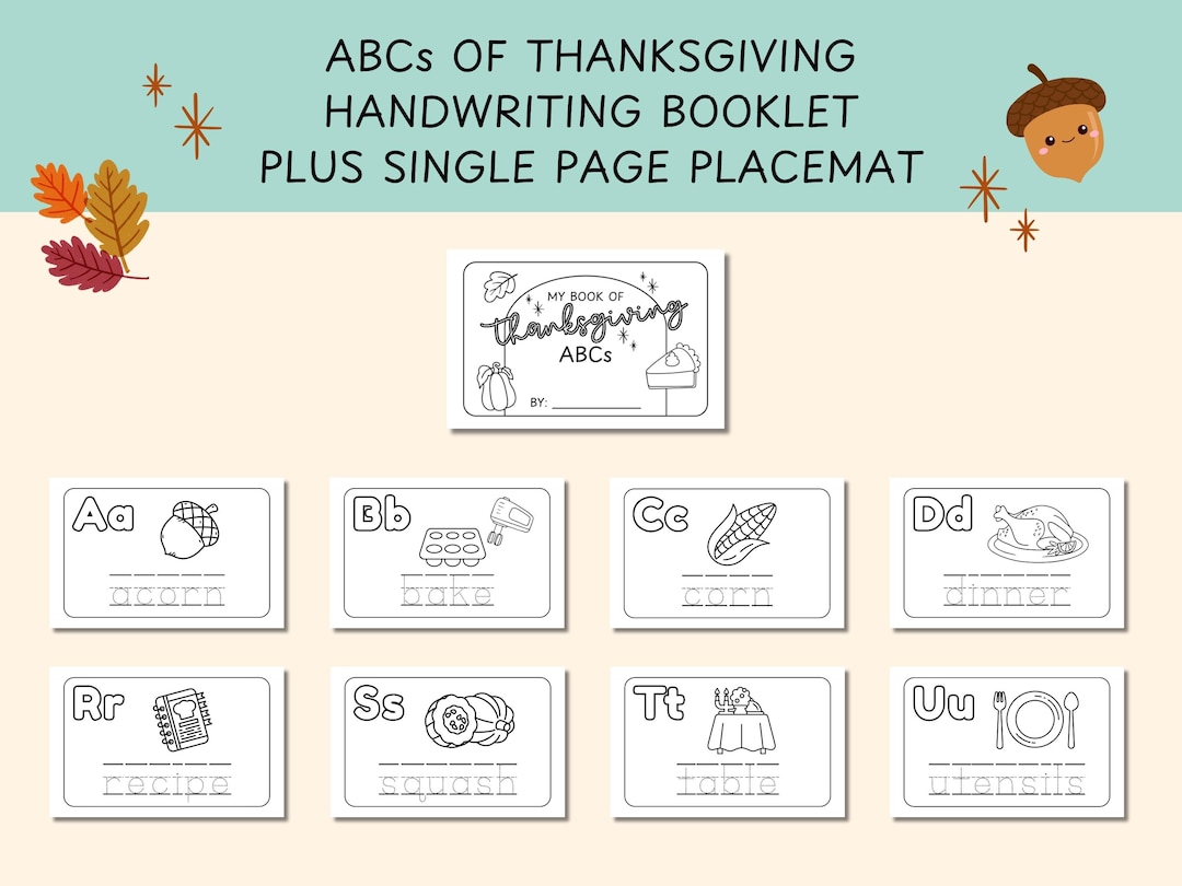 Abcs of Thanksgiving, Letter Tracing Book and Placemat - Printable ...