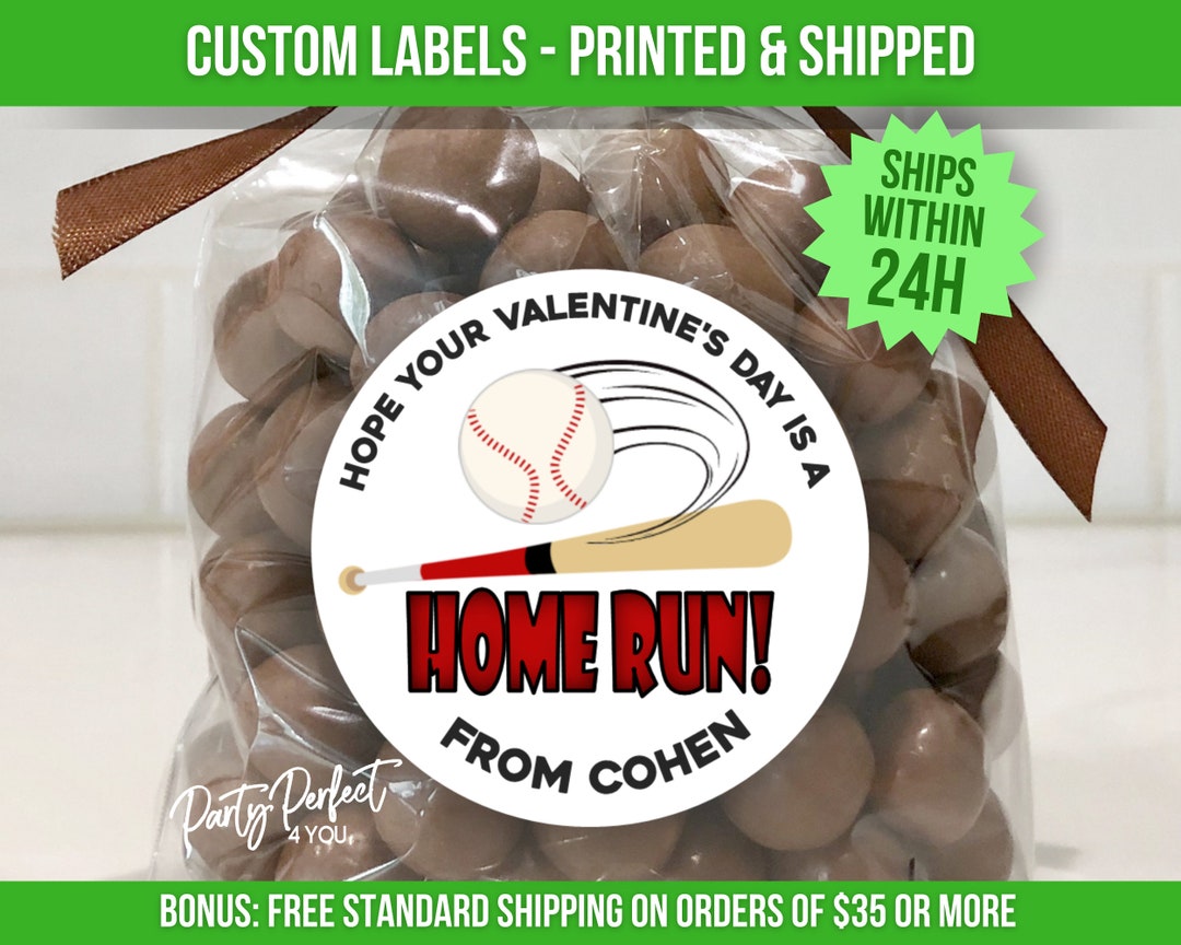 Personalized Baseball Home Run Valentine Label Custom Valentine Class ...