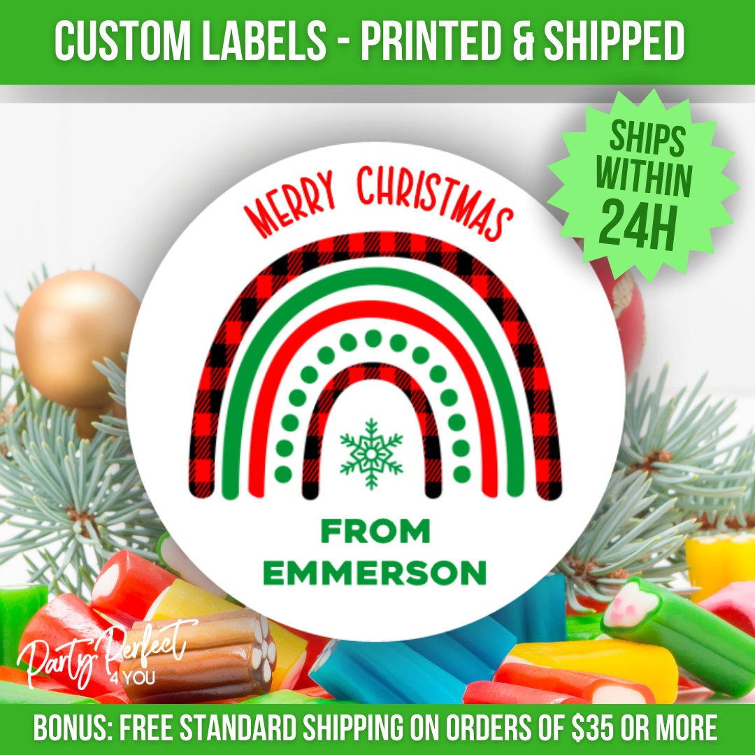 Custom Christmas Gift Tag Sticker Boho Rainbow Goodie Bag Label ...