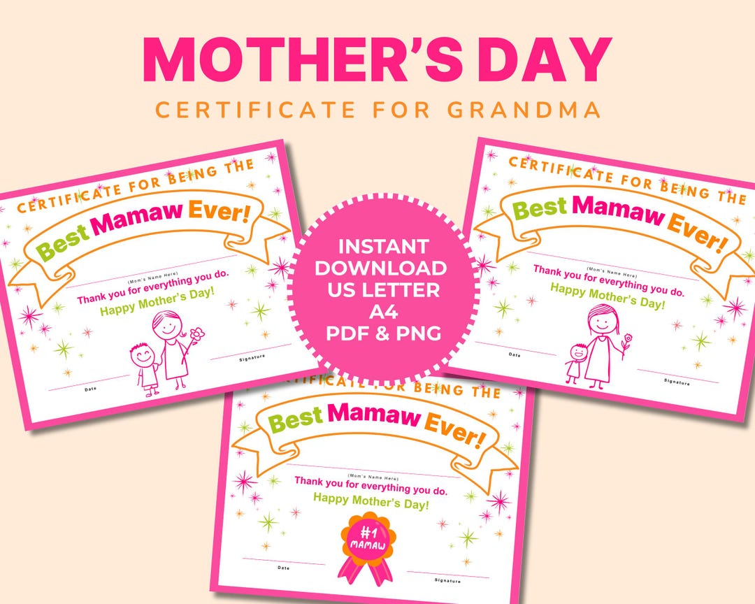 Best Mamaw Award Certificate Mother's Day Gift for Grandma Printable ...