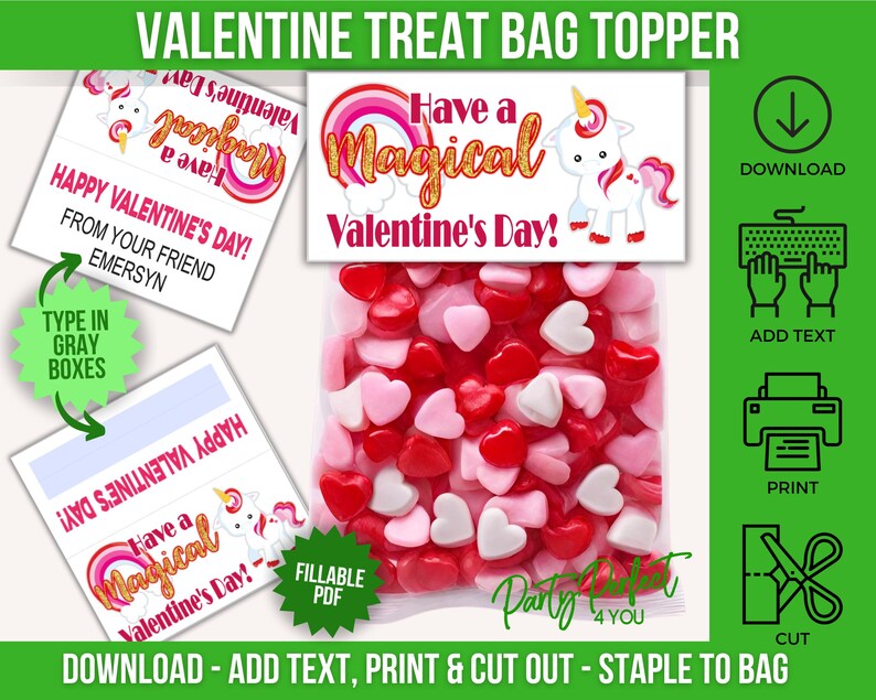 Unicorn Valentine Editable PDF Printable Valentine Treat Bag Topper Kid ...
